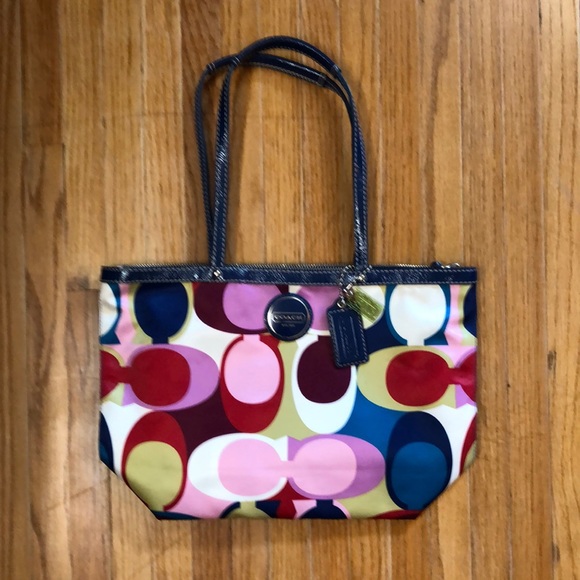 Coach | Bags | Coach Multi Color Monogram Satin Purse With Leather ...